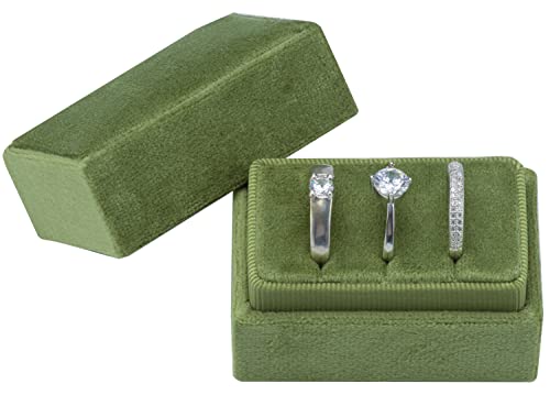 Rectangle Velvet Ring Box Storage 3 Slots for Wedding Ceremony Proposal Engagement Birthday Gift (Olive Green)