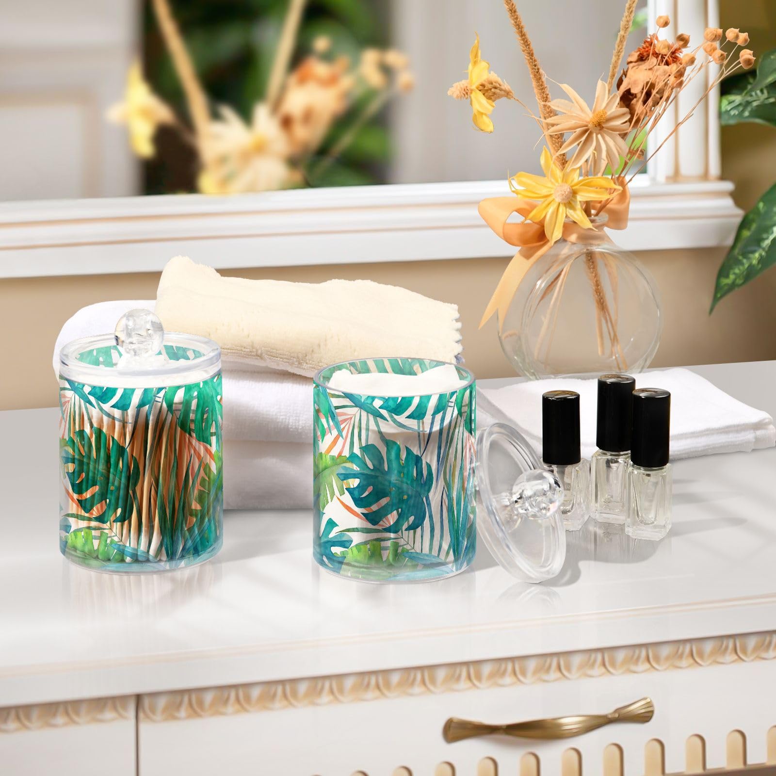 Palm Leaves 2 Pack Qtip Holder Organizer Dispenser Plastic Bathroom Jars Storage Containers with Lids Clear Jars for Home Bathroom Decor