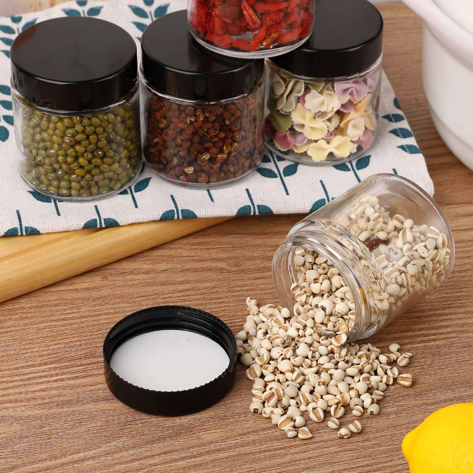 15 Pack 4 oz Clear Glass Jars with Lids, Round Empty Containers for Scrubs, Lotions, Cosmetic, Ointments and Butters, Travel Storage Jar with White Inner Liners £¬Black Lids, lables and Spatulas