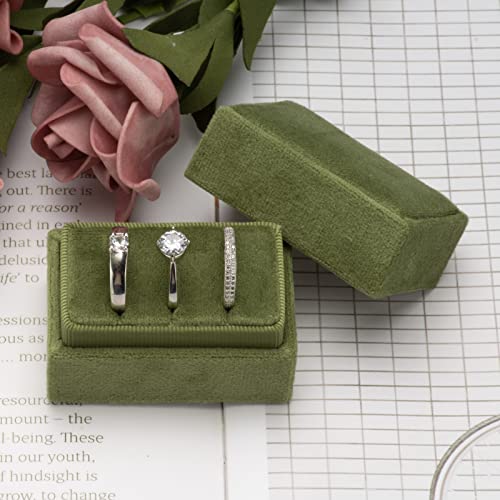 Rectangle Velvet Ring Box Storage 3 Slots for Wedding Ceremony Proposal Engagement Birthday Gift (Olive Green)