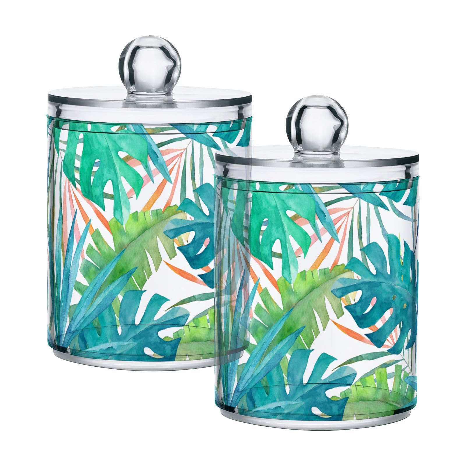 Palm Leaves 2 Pack Qtip Holder Organizer Dispenser Plastic Bathroom Jars Storage Containers with Lids Clear Jars for Home Bathroom Decor