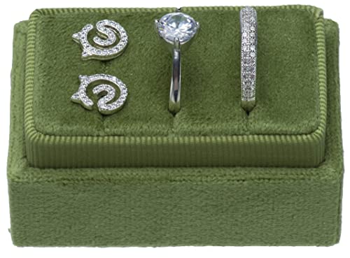 Rectangle Velvet Ring Box Storage 3 Slots for Wedding Ceremony Proposal Engagement Birthday Gift (Olive Green)