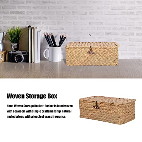 Seagrass Storage Basket, Rectangular Seagrass Basket, Natural Seagrass Storage Basket Woven Rectangular Shelf Basket Bins with Lids Desktop Organizer Wicker Baskets for Organizing(M)