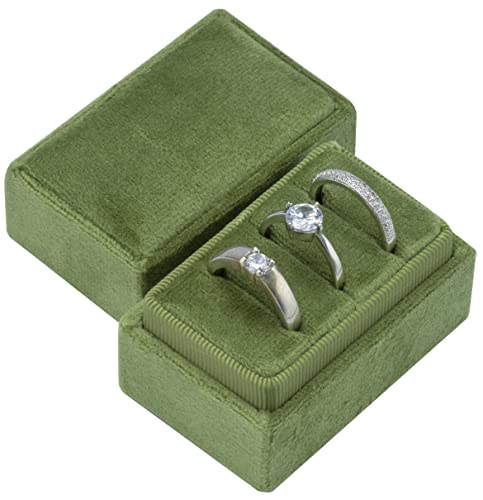 Rectangle Velvet Ring Box Storage 3 Slots for Wedding Ceremony Proposal Engagement Birthday Gift (Olive Green)
