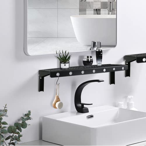 Sedesbon Floating Wall Shelves Set of 2, Black Floating Shelves,Wall-Mounted Bookshelf,Mesh Panel, Used in Living Room, Kitchen, Bathroom ,Garage,Folding with Hooks.