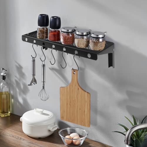 Sedesbon Floating Wall Shelves Set of 2, Black Floating Shelves,Wall-Mounted Bookshelf,Mesh Panel, Used in Living Room, Kitchen, Bathroom ,Garage,Folding with Hooks.