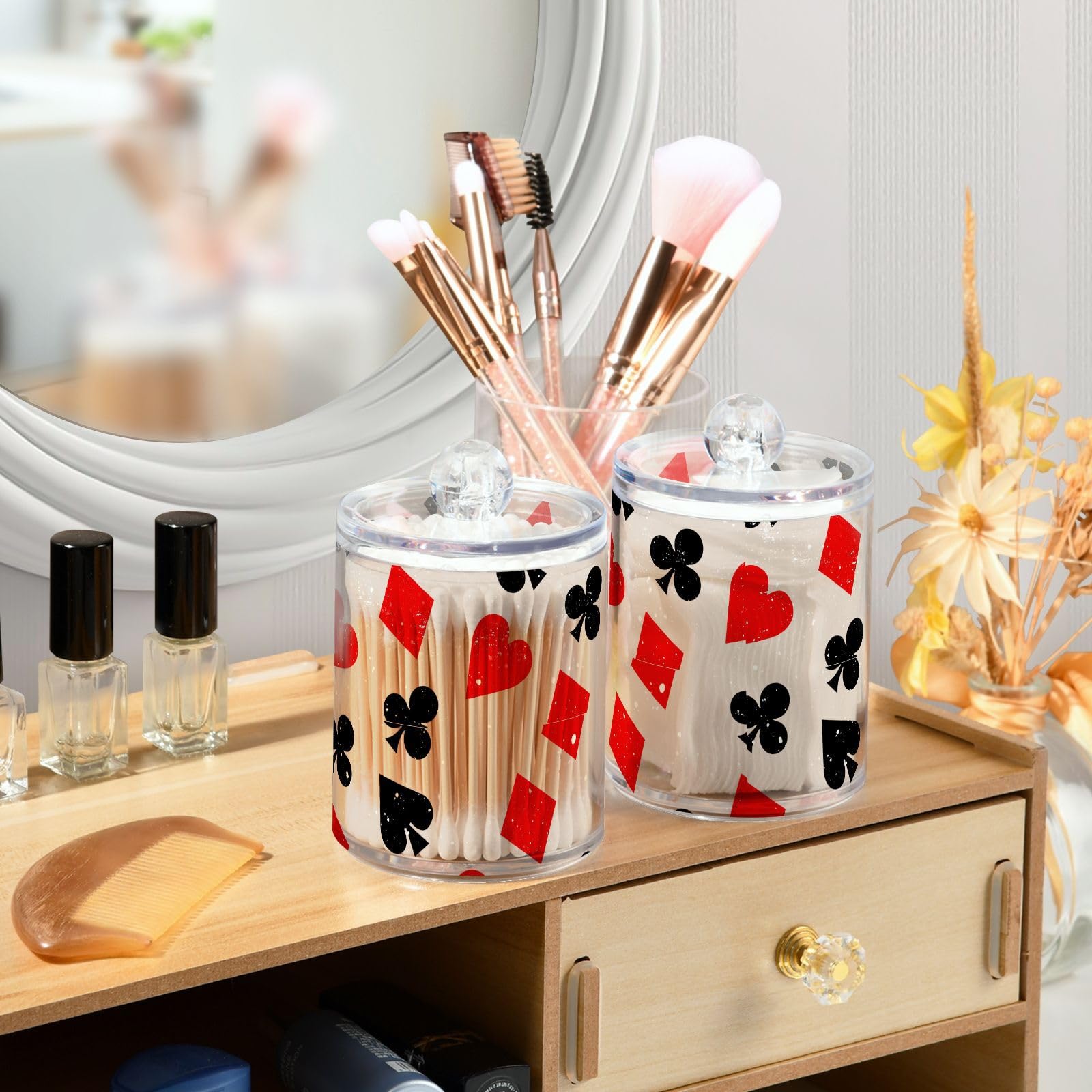Poker Cards 2 Pack Qtip Holder Organizer Dispenser Plastic Bathroom Jars Storage Containers with Lids Clear Jars for Cotton Balls Q-Tips