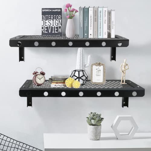 Sedesbon Floating Wall Shelves Set of 2, Black Floating Shelves,Wall-Mounted Bookshelf,Mesh Panel, Used in Living Room, Kitchen, Bathroom ,Garage,Folding with Hooks.
