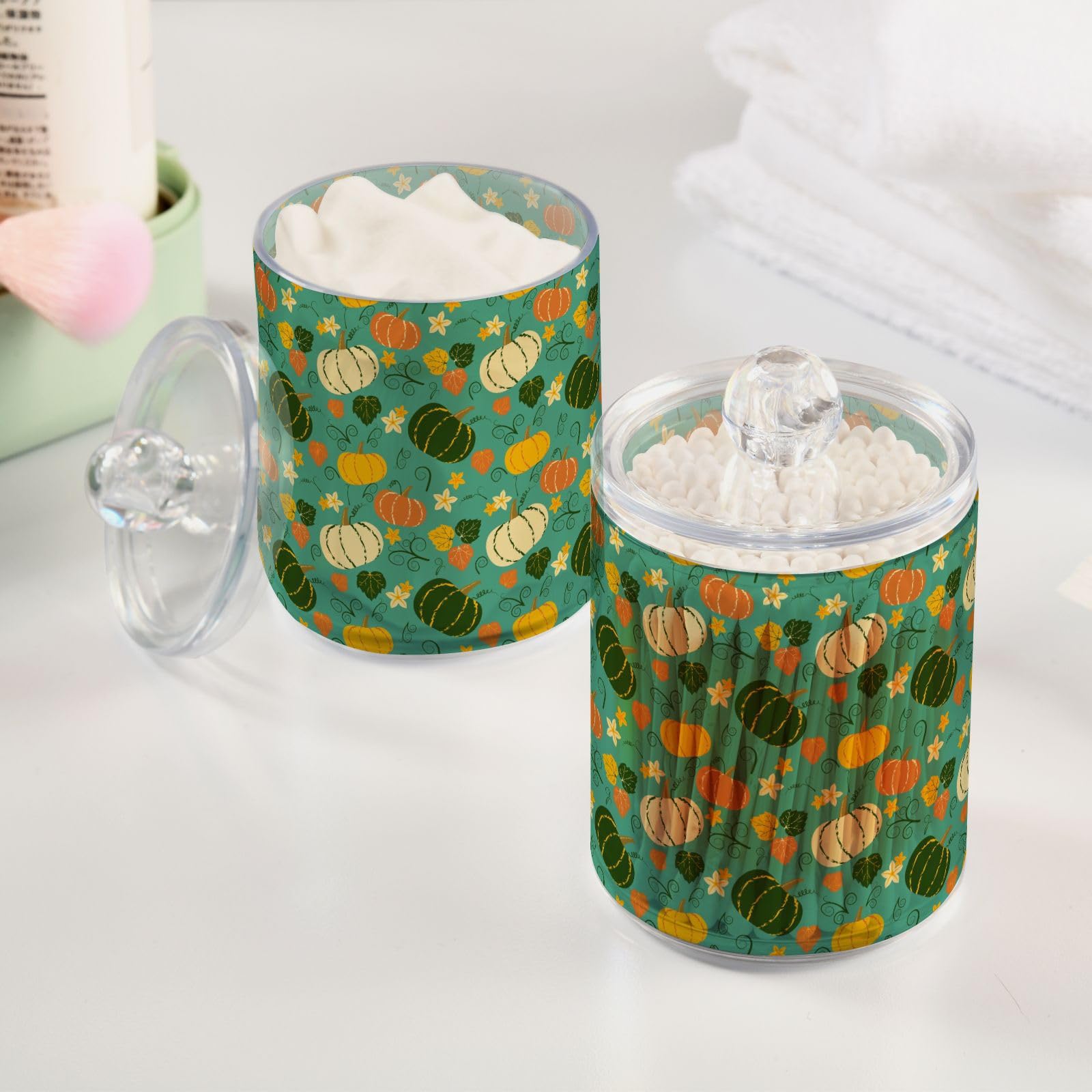 Pumpkins 2 Pack Qtip Holder Organizer Dispenser Plastic Bathroom Jars Storage Containers with Lids Clear Jars for Tampon Cotton Balls Swabs