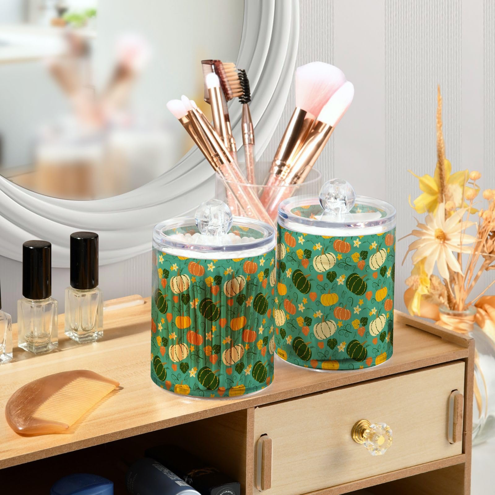 Pumpkins 2 Pack Qtip Holder Organizer Dispenser Plastic Bathroom Jars Storage Containers with Lids Clear Jars for Tampon Cotton Balls Swabs