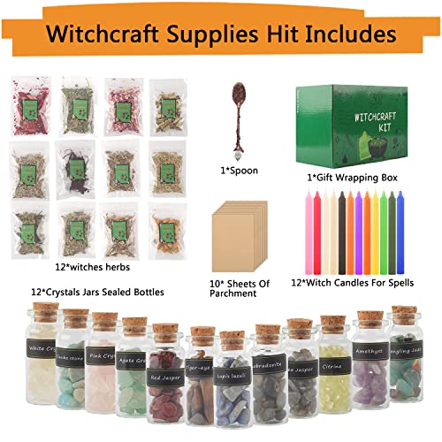 Witchcraft Supplies Box for Wiccan Spells , 49 Pack Witchcraft Starter Kit, Spell Candles&Crystals&Dried Herbs for Beginners Experienced Witches Pagan Spell-Versatile Tools Gifts Packaging