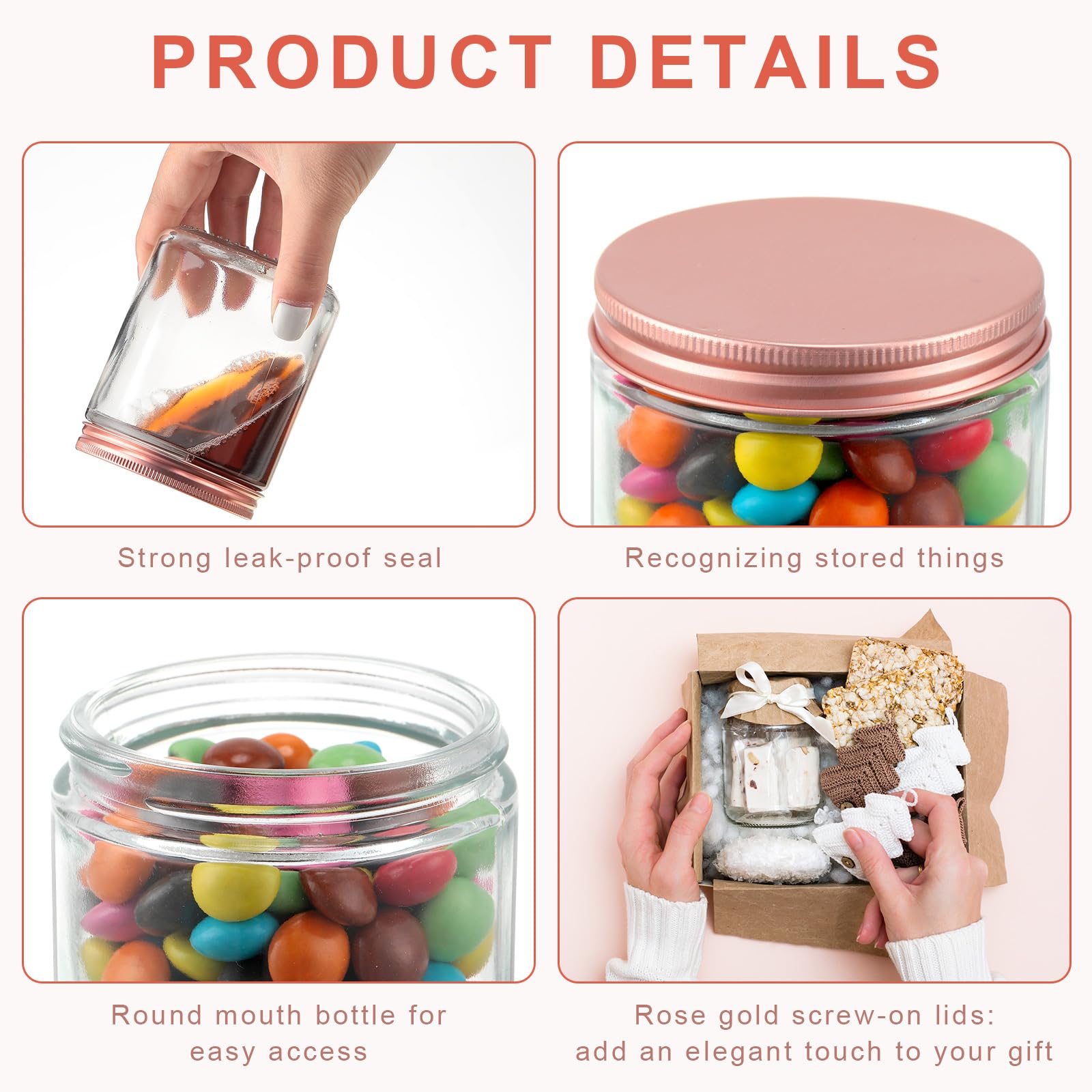 Tioncy 12 Pcs 8 oz 250 ml Thick Glass Jars with Metal Lids, Clear Candle Making Jars with Rose Gold Lids Empty Food Storage Containers Mason Canning Jar for Spice Powder Liquid Honey Cosmetic