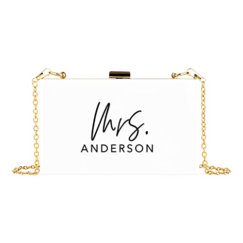 Andaz Press Personalized Acrylic Clutch Purse for Bride Custom Mrs. White Clutch Box Shoulder Handbag with Gold Removable Metal Chain for Wedding Day Bachelorette Bridal Shower Engagement Gift, 1-Pack