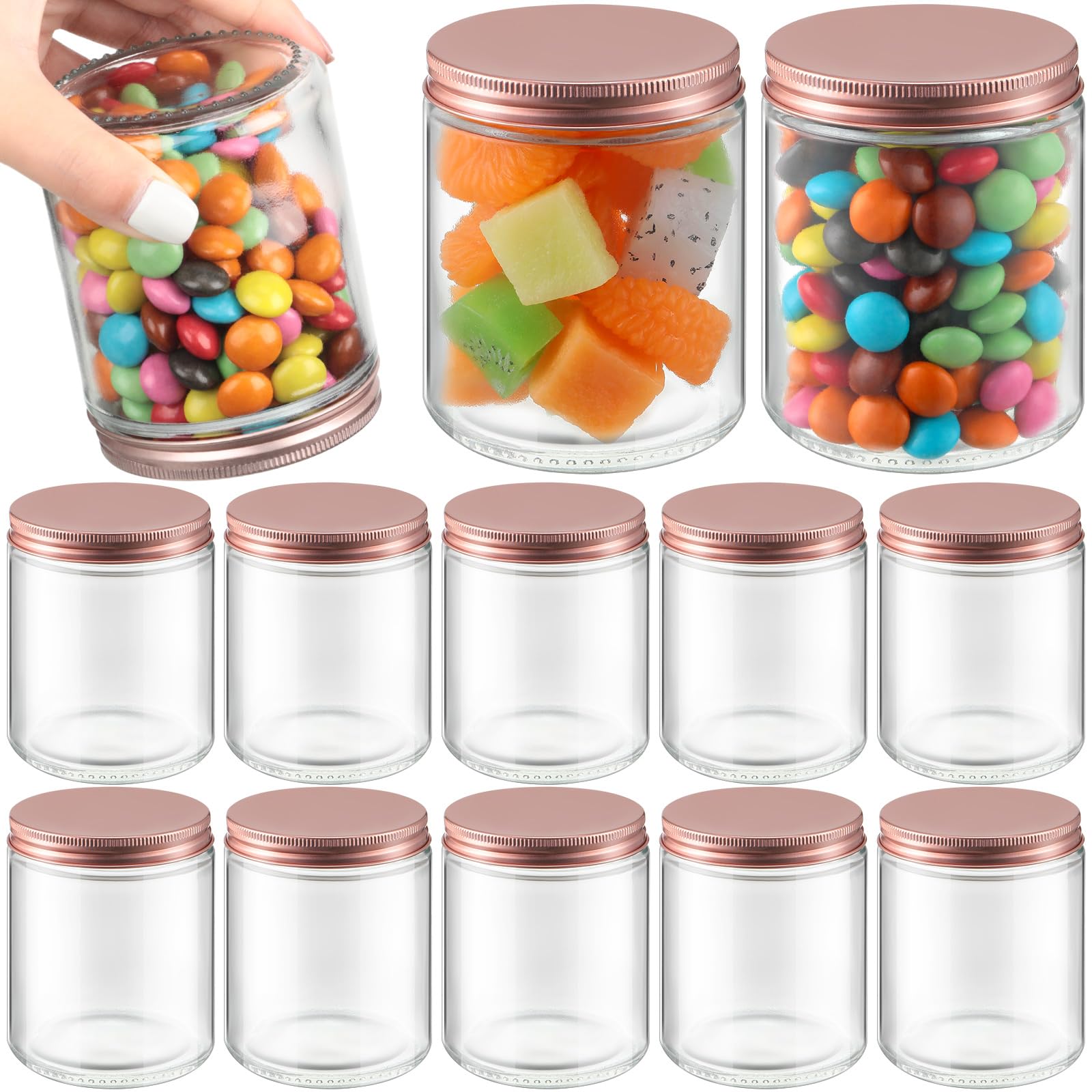 Tioncy 12 Pcs 8 oz 250 ml Thick Glass Jars with Metal Lids, Clear Candle Making Jars with Rose Gold Lids Empty Food Storage Containers Mason Canning Jar for Spice Powder Liquid Honey Cosmetic