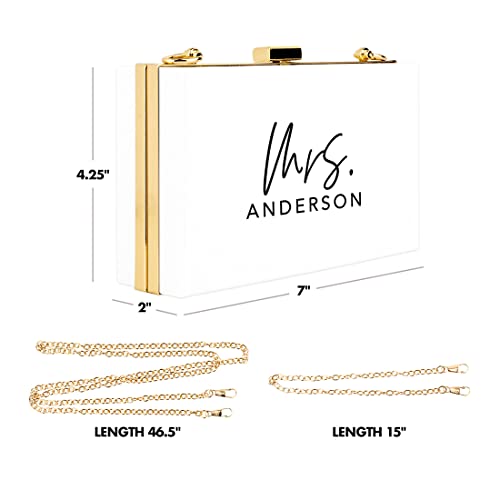 Andaz Press Personalized Acrylic Clutch Purse for Bride Custom Mrs. White Clutch Box Shoulder Handbag with Gold Removable Metal Chain for Wedding Day Bachelorette Bridal Shower Engagement Gift, 1-Pack