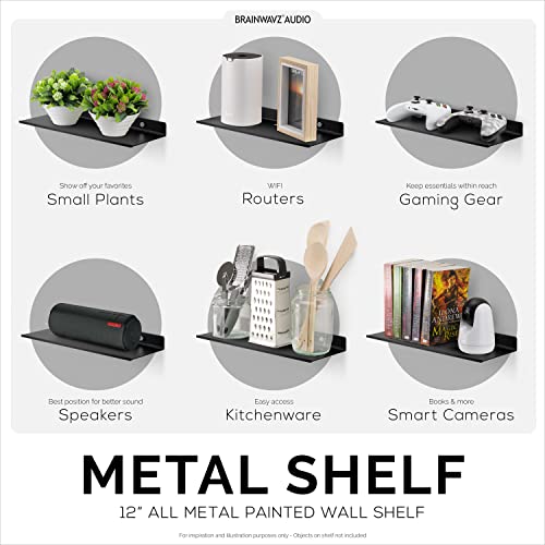 BRAINWAVZ 2-Pack 12" Floating Metal Wall Shelf for Books, Organizer, Speakers, Plants, Cameras, Books, Decor Display, Storage, Routers & More Wide Universal Holder Shelf (Black)