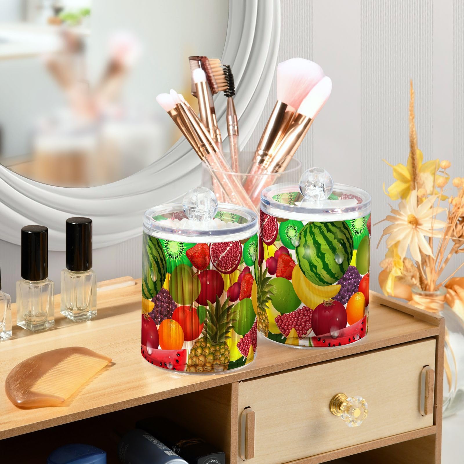 Fruits 2 Pack Qtip Holder Organizer Dispenser Plastic Bathroom Jars Storage Containers with Lids Clear Jars for Hair Accessories