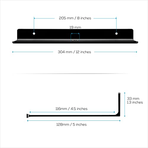 BRAINWAVZ 2-Pack 12" Floating Metal Wall Shelf for Books, Organizer, Speakers, Plants, Cameras, Books, Decor Display, Storage, Routers & More Wide Universal Holder Shelf (Black)