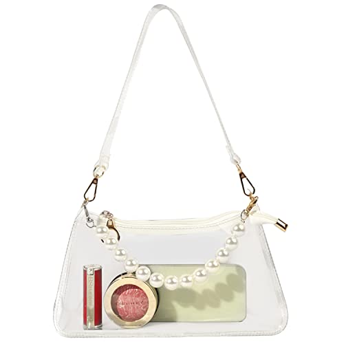 WLUSEAXI Clear Crossbody Bags for Women,Clear Purses for Women Stadium with Pearl Chain,Small Clear Clutch Concert Bags