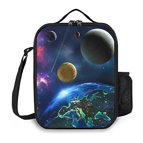 Kids Lunch Box, Insulated Lunch Bag for Girls & Boys, Space Galaxy Planet Lunch Bag with Shoulder Strap, School Bento Lunchbox for Kids Toddlers Teens, Black Reusable Cooler Thermal Meal Tote Kit