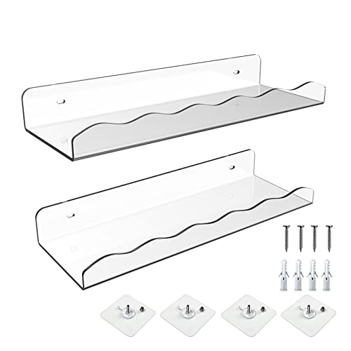 Clear Acrylic Floating Shelves Wall Mounted , Floating Shelves for Wall for for Storage, Bedroom Living Room Bathroom Kitchen and More,Self-Adhesive and Perforated Installation 2-pack (Transparent)