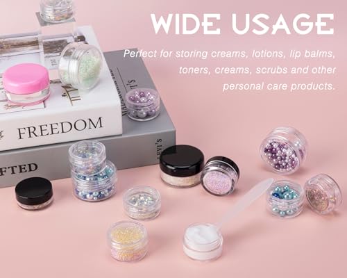 25 Count 3 Gram Sample Containers, Clear Lip Balm Containers with Lids, Small Plastic Sample Jars with 2 Mini Spoons, 25pcs Labels (Clear Lid)
