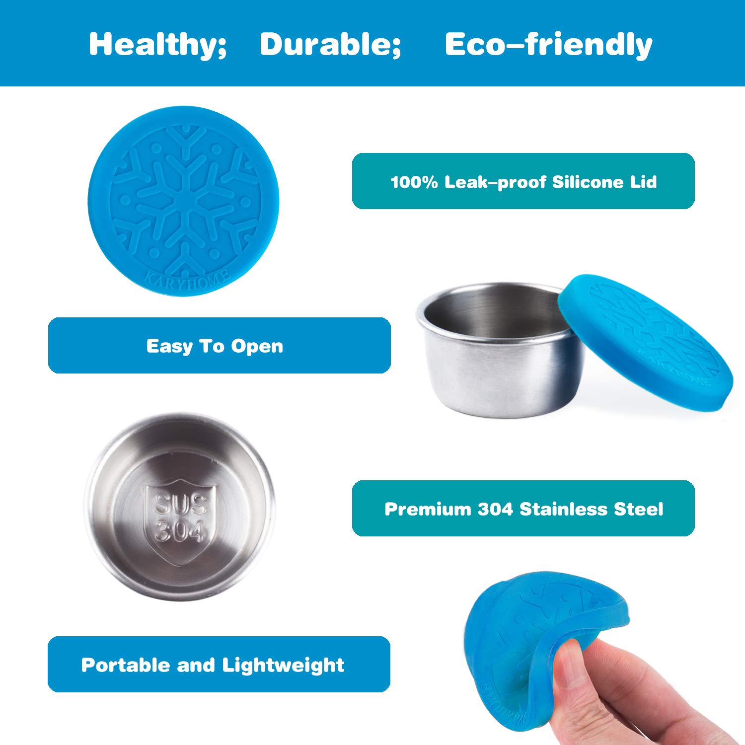 LALASTAR Stainless Steel Condiment Containers with Lids, Leakproof and Reusable Lunch Bento Box Sauce Container, 4x1.6oz, Blue