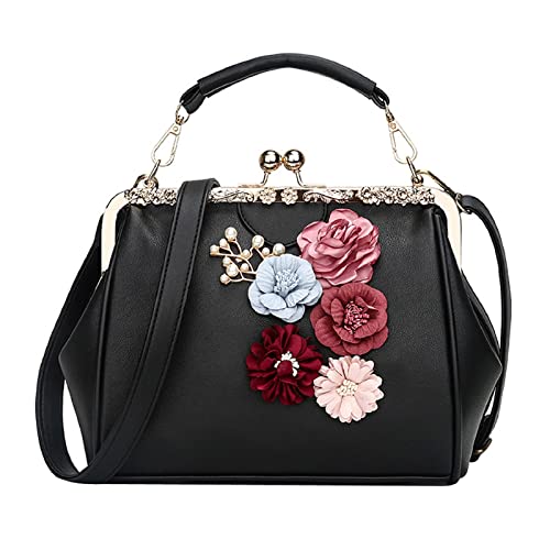 Women Wedding Vintage Floral Handbag - Kiss Lock Antique Minimalist Pu Evening Purse(Black)