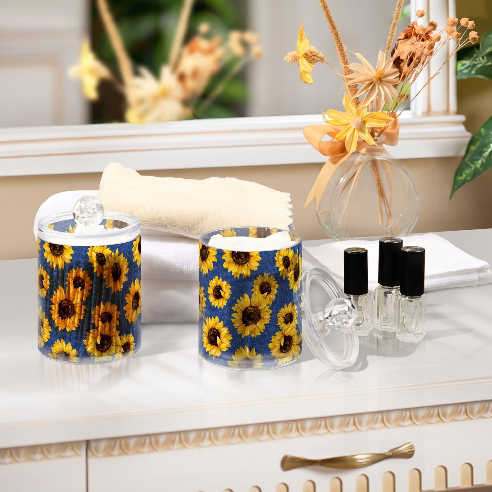 Yellow Sunflower Blue 2 Pack Qtip Holder Organizer Dispenser Plastic Bathroom Jars Storage Containers with Lids Clear Plastic Storage Jars for Bathroom Accessories