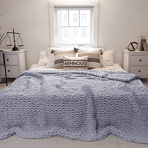 Tocozy Chunky Knit Blanket Soft Cozy Chenille Throw Handmade Cable Knit Blanket for Bed Sofa Home Decor Light Gray 60x80 Inch