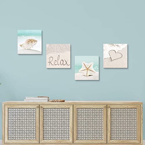 Coastal Seashell Picture Wall Art - Beach Themed Canvas Print Relaxing Seascape Artwork Contemporary Calming Seaside Starfish Conch Nature Photography Summer Blue Sea Ocean Scenery Painting for Bathroom Bedroom Office