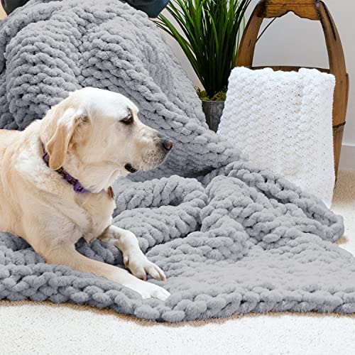 Tocozy Chunky Knit Blanket Soft Cozy Chenille Throw Handmade Cable Knit Blanket for Bed Sofa Home Decor Light Gray 60x80 Inch