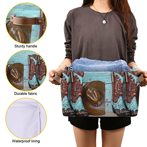 Oyihfvs Turquoise and Red Cowboy Boots and Hat Standing on Wood 1 PC Rectangle Storage Basket Collapsible Fabric with Leather Handles Bag Organizer Clothes for Home Bedroom 15 x 11 x 9.5 in