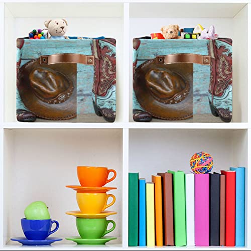 Oyihfvs Turquoise and Red Cowboy Boots and Hat Standing on Wood 1 PC Rectangle Storage Basket Collapsible Fabric with Leather Handles Bag Organizer Clothes for Home Bedroom 15 x 11 x 9.5 in