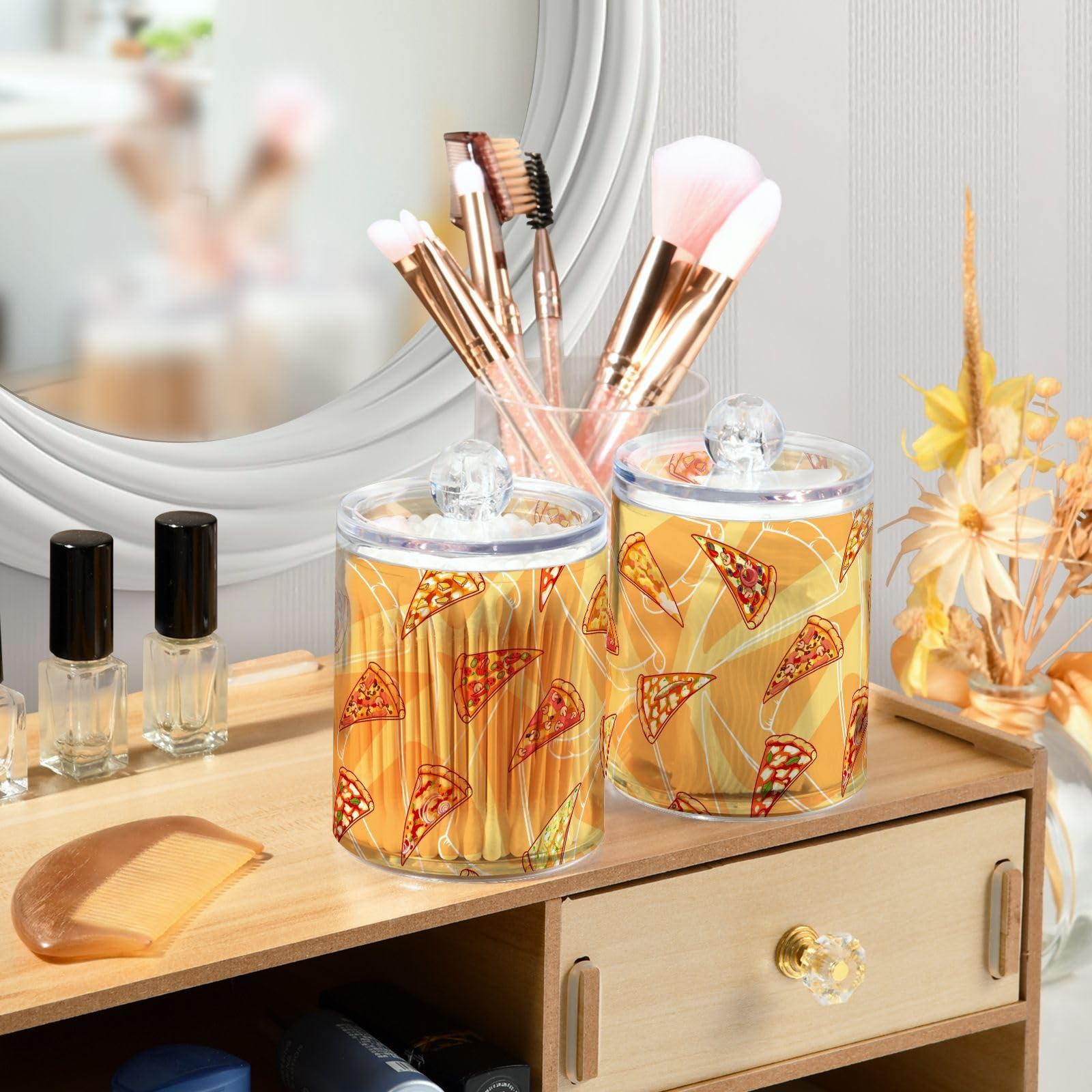 GEDAKO Qtip Holder with Lid Set, 10oz Clear Glass Canister Apothecary Jars Bathroom Organizers Storage Accessories Vanity Containers Delicious Food Pizza