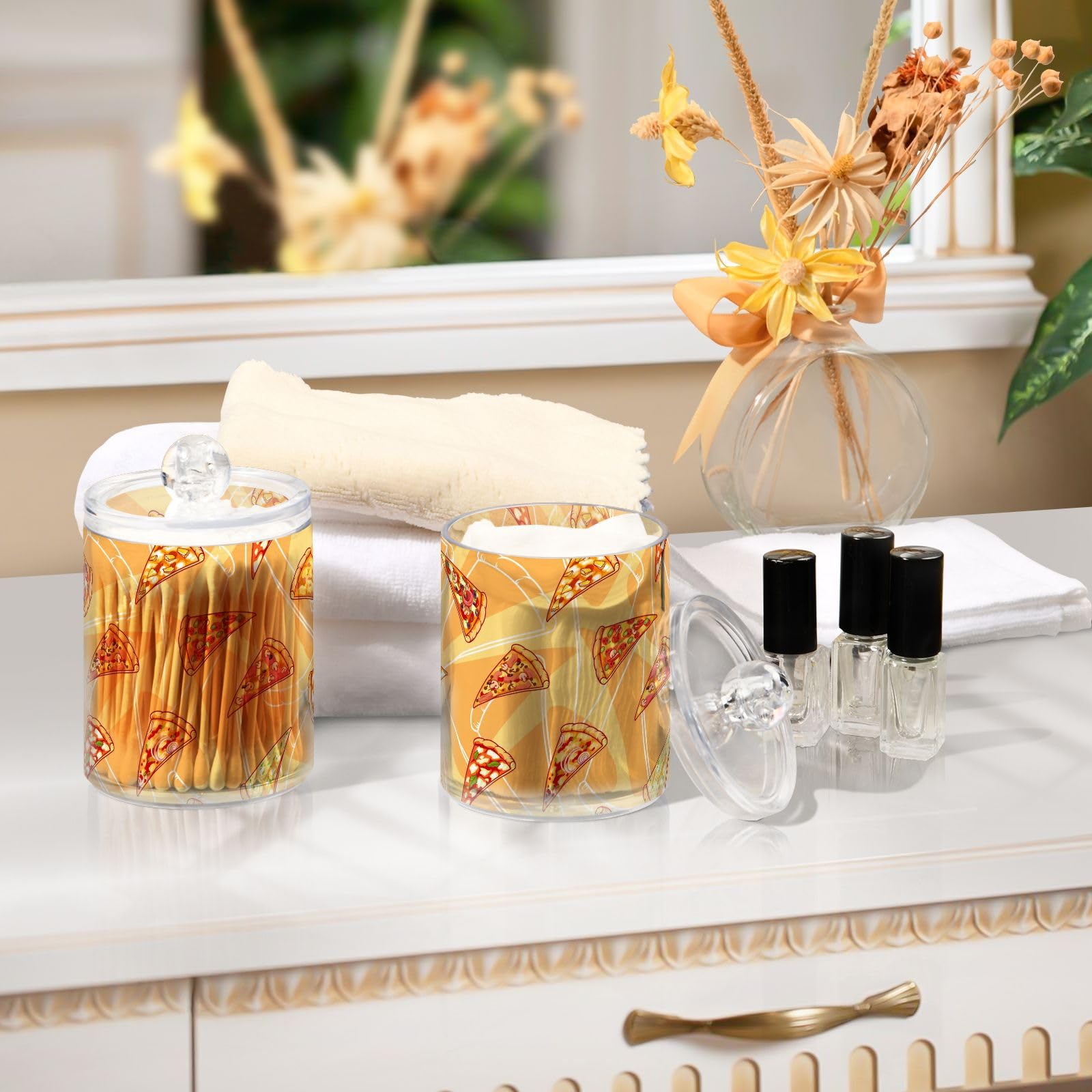GEDAKO Qtip Holder with Lid Set, 10oz Clear Glass Canister Apothecary Jars Bathroom Organizers Storage Accessories Vanity Containers Delicious Food Pizza