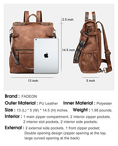 FADEON Womens Backpack Purse Designer Ladies Shoulder Bag Vegan Leather Large Travel Backpacks Purses for Women