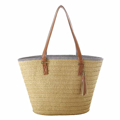 Simple Shoulder Woven Bag Fashion Tassel Pendant Straw Bag Beach Women's Bag Bamboo Basket Tote Bag Travel Soft Bags (Color : Beige)