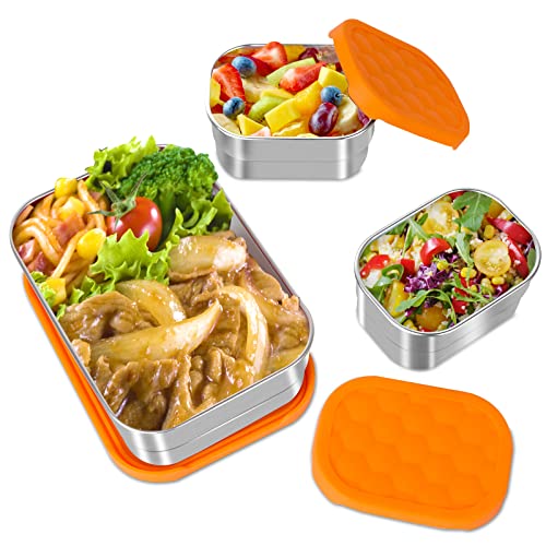 Hosercap Stainless Steel Lunch Snack Containers for Kids - Leak Proof 304 Stainless Steel Food Containers with Silicone Lids Metal Lunch Box Containers for Toddlers Kids (25oz+8oz*2, Set of 3)