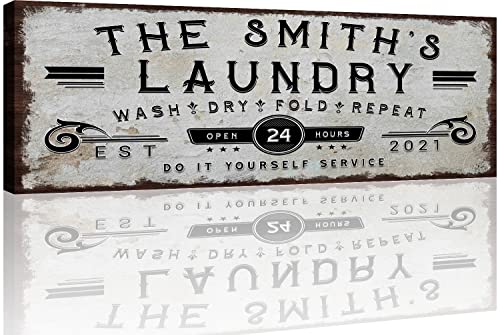 TAILORED CANVASES Personalized Laundry Sign - Large Canvas Wall Art Decor and Accessories for Laundry Room, Business and Farmhouse - Rustic Wall Decoration, Family Name Wash Dry Fold Repeat, 36"x12"