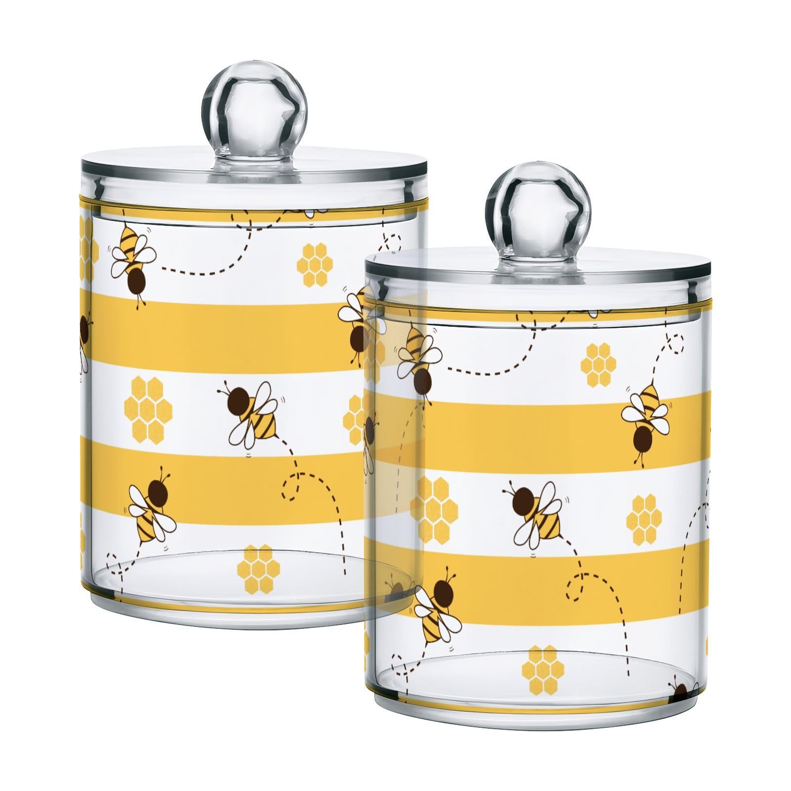 Bee Honey Stripe 2 Pack Qtip Holder Organizer Dispenser Plastic Bathroom Jars Storage Containers with Lids Clear Bathroom Organizer Dispenser for Hair Accessories