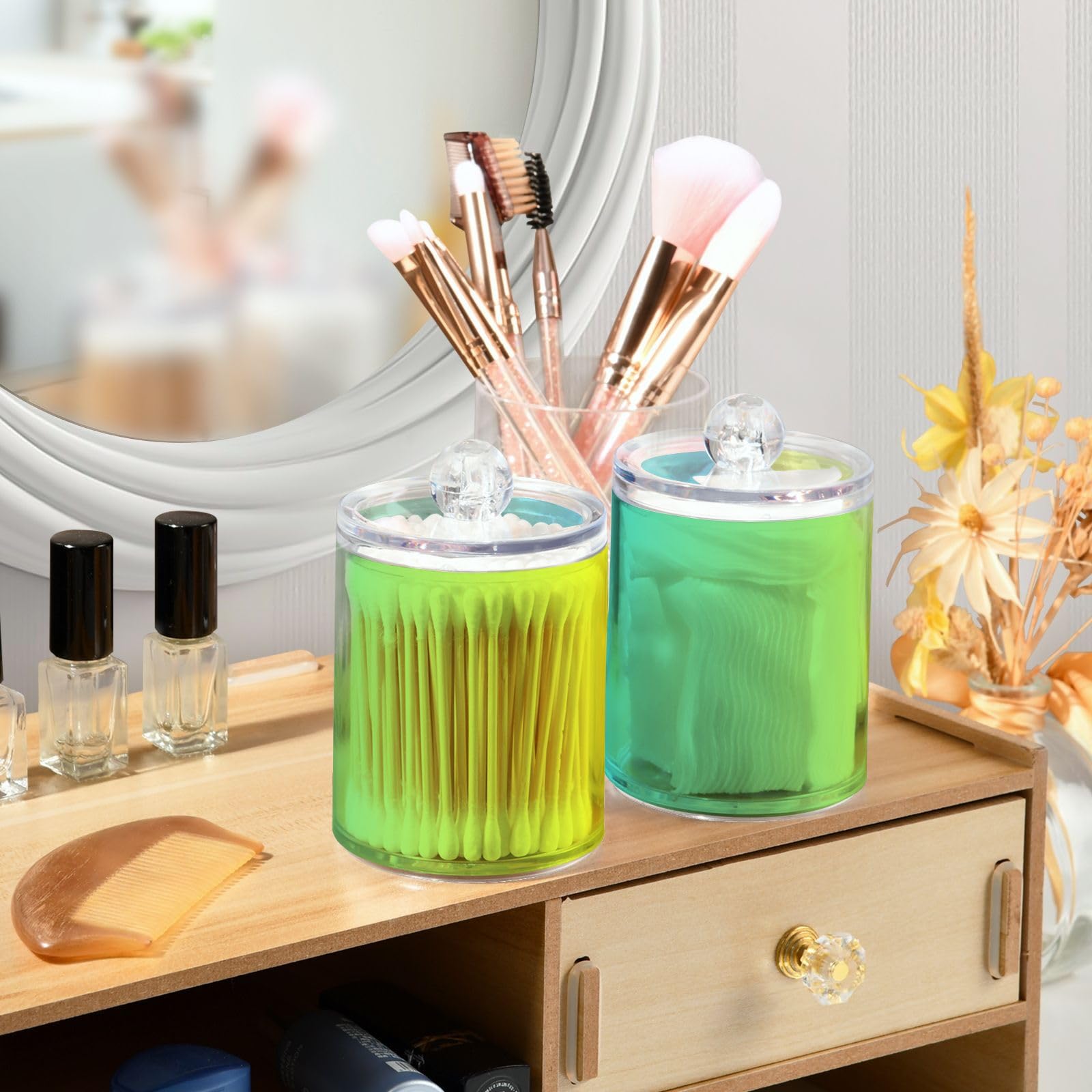 Blue Yellow Gradient 2 Pack Qtip Holder Organizer Dispenser Plastic Bathroom Jars Storage Containers with Lids Clear Bathroom Organizer Dispenser for Bathroom Accessories