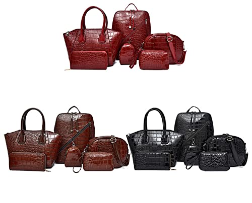 Women Fashion Handbags Wallet Tote Bag Shoulder Bag Top Handle Satchel Backpack Purse Set 6pcs (Brown)