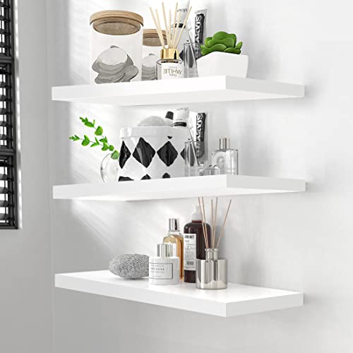 YARUKIMA White Floating Shelves Wall Mounted,Wood Wall Hanging Shelves,Wall Ledge Storage Shelf,Home Display Shelves with Invisible Brackets for Bedroom, Bathroom, Living Room,Kitchen,3 Pack.