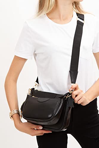 Women's Genuine Leather Hand Wallet and Shoulder Bag | Crossbody Bag for Women | 3 Pieces Tote Bag | Satchel Purse Set (Black)