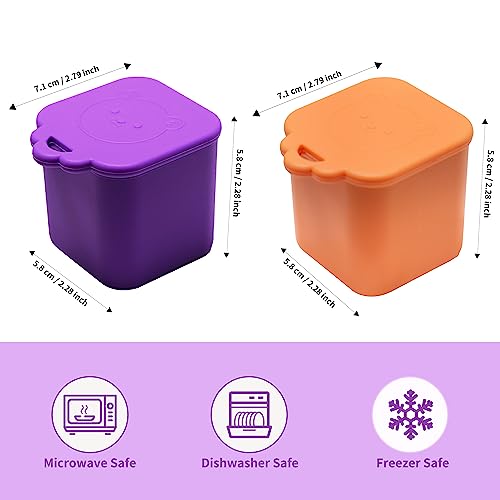 MUUPEG 2PCS Dips Containers Fits Most Bento Lunch Box To Go, Leakproof Salad Dressing Container Fits Lunch Box for Kids, Food Grade Silicone Condiment Container with Lids (Purple & Orange)