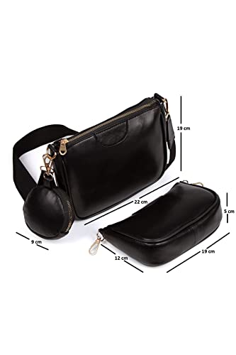 Women's Genuine Leather Hand Wallet and Shoulder Bag | Crossbody Bag for Women | 3 Pieces Tote Bag | Satchel Purse Set (Black)