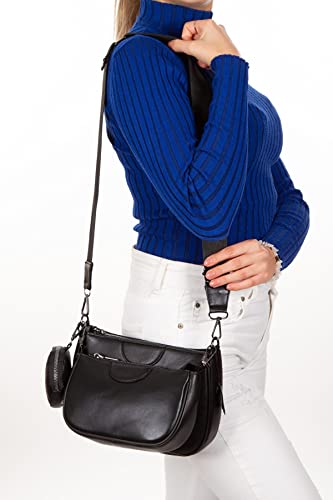 Women's Genuine Leather Hand Wallet and Shoulder Bag | Crossbody Bag for Women | 3 Pieces Tote Bag | Satchel Purse Set (Black)
