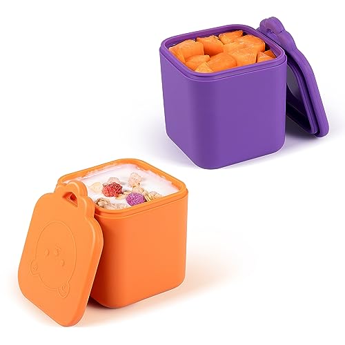 MUUPEG 2PCS Dips Containers Fits Most Bento Lunch Box To Go, Leakproof Salad Dressing Container Fits Lunch Box for Kids, Food Grade Silicone Condiment Container with Lids (Purple & Orange)