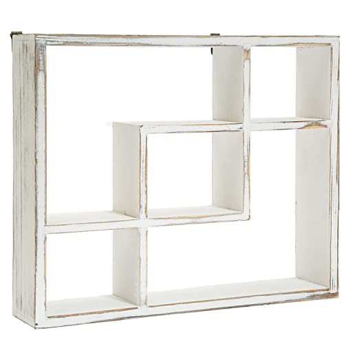 MyGift Wall Mounted Whitewashed Wood Collectible Display Cubby Shelf with 5 Compartments - Hang Vertical or Horizontal